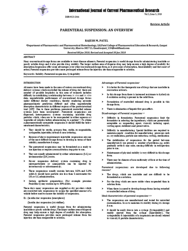 Parenteral | PDF | Pharmaceutical Formulation | Suspension (Chemistry)
