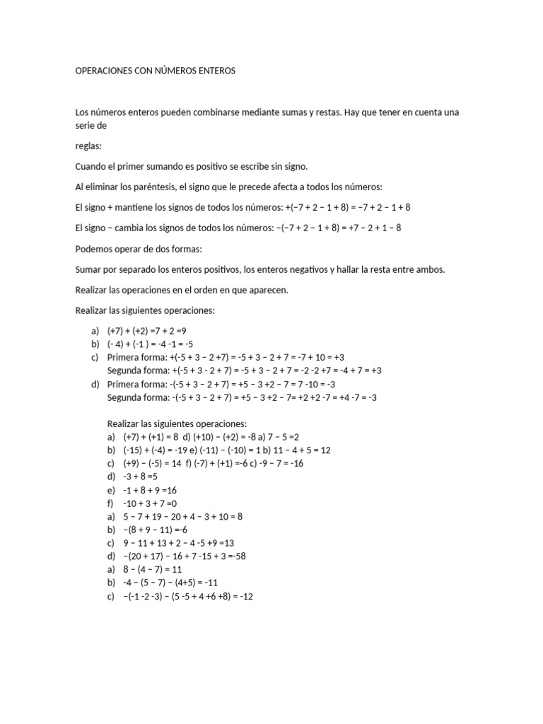 Operaciones Básicas con Números Enteros | PDF | Entero | Matemáticas