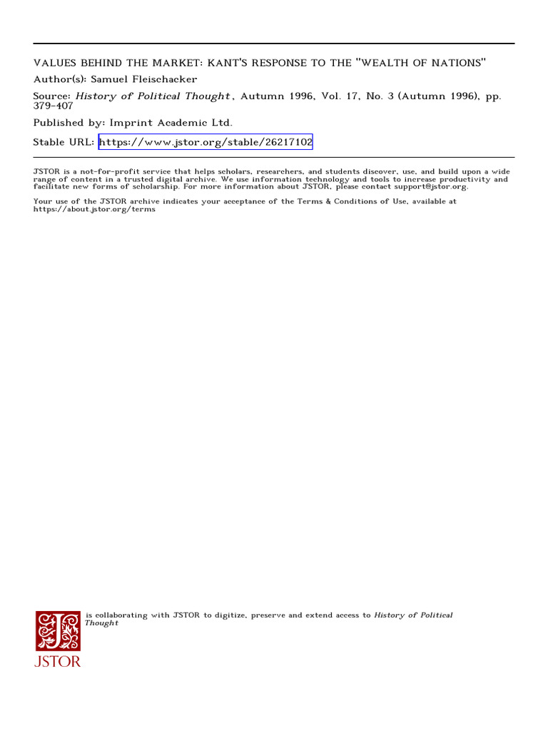 Fleischacker-VALUESBEHINDMARKET-1996 | PDF | Immanuel Kant | The Wealth ...