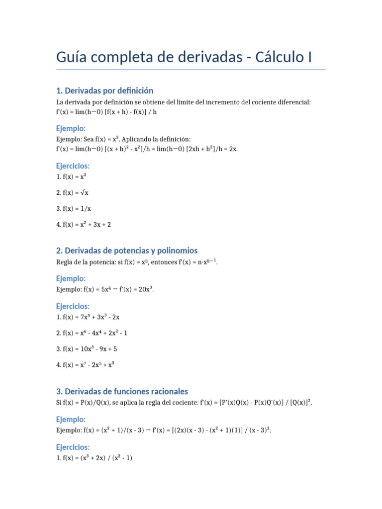 Guía Completa de Derivadas Cálculo I | PDF | Derivado | Cálculo