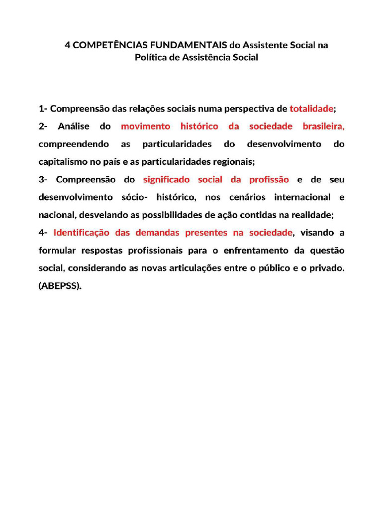 Mapa Mental - 4 COMPETÊNCIAS FUNDAMENTAIS Do Assistente Social Na Política de Assistência Social ...