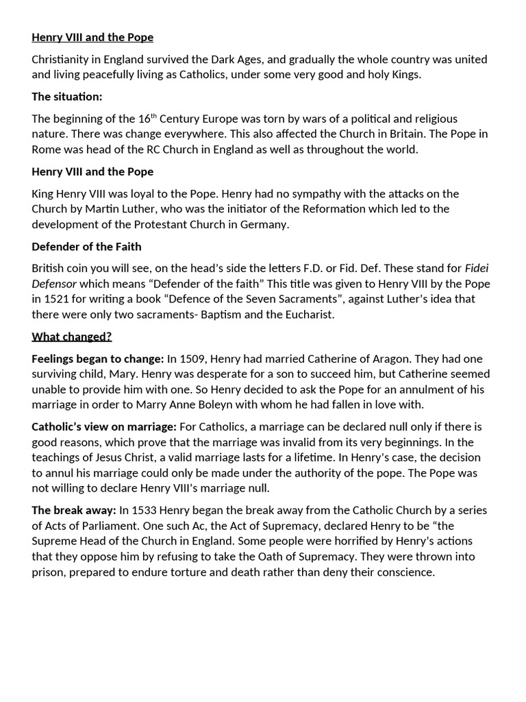 Henry VIII's Break from the Pope | PDF | Catholic Church | Abrahamic ...