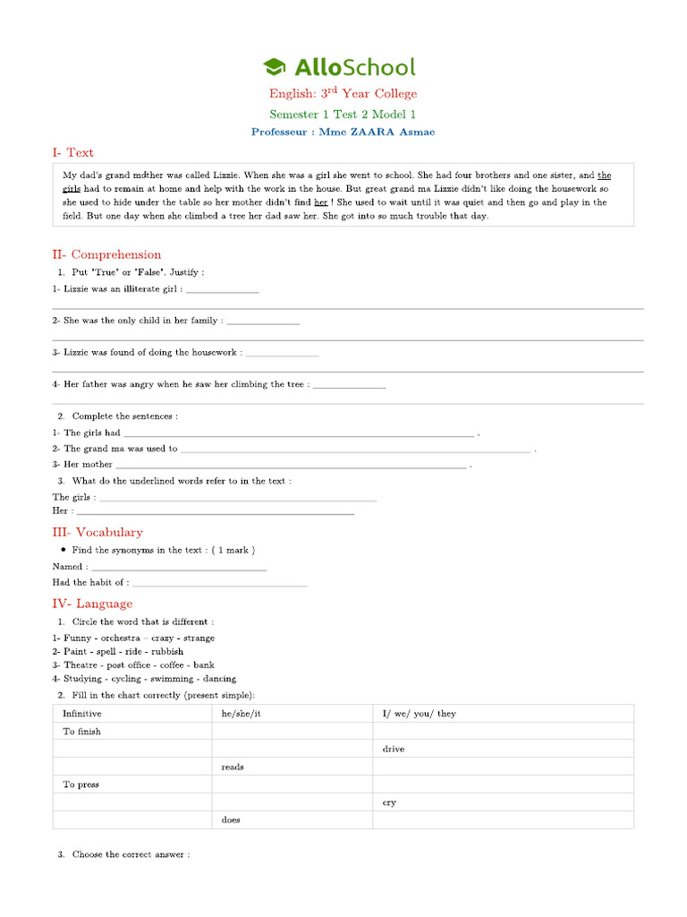 English 3rd Year College Semester 1 Test 2 Model 1 2 (1) | PDF