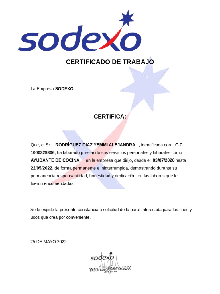 certificado laboral sodexo | PDF