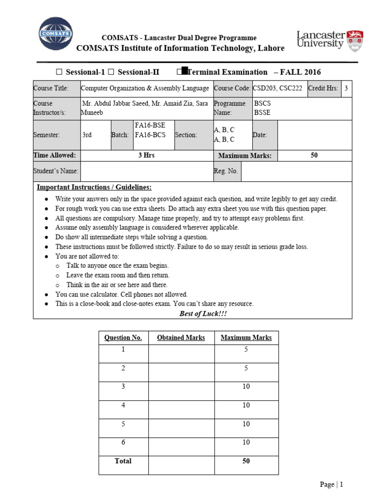 COMSATS Fall 2016 CSD203 Exam Paper | PDF | Computer Engineering ...