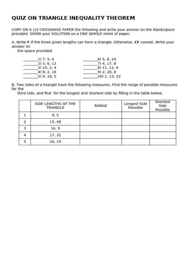 Triangle Inequality Theorem Quiz | PDF
