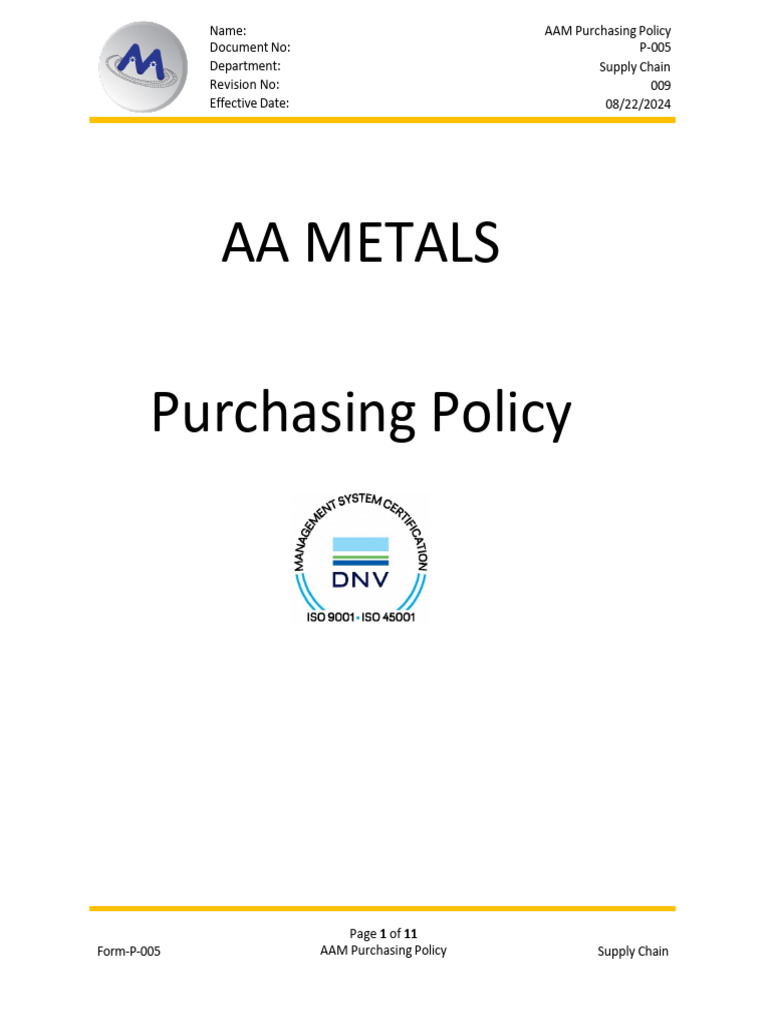 Form P 005 AA Metals Purchasing Policy Rev 9 | PDF | Extrusion | Supply ...