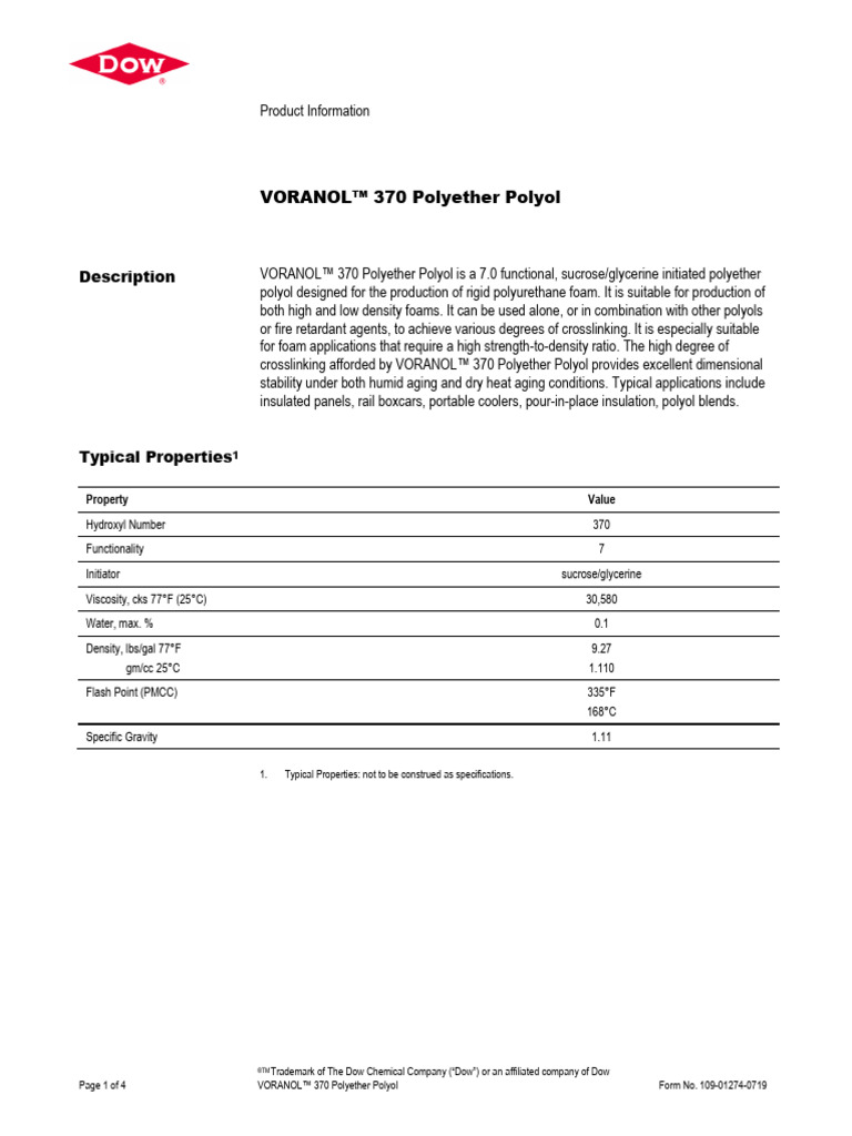 109-01274-01-voranol-370-polyether-polyol-tds | PDF | Polyurethane ...