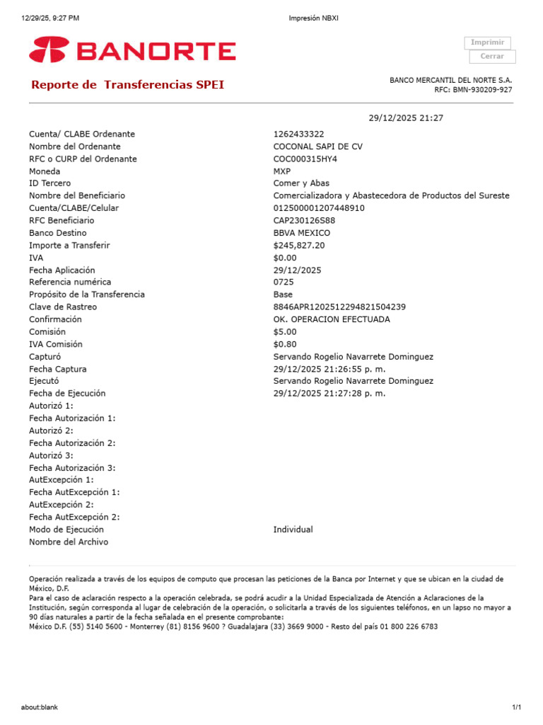 Reporte de Transferencia SPEI 29/12/2025 | PDF | Servicios financieros ...
