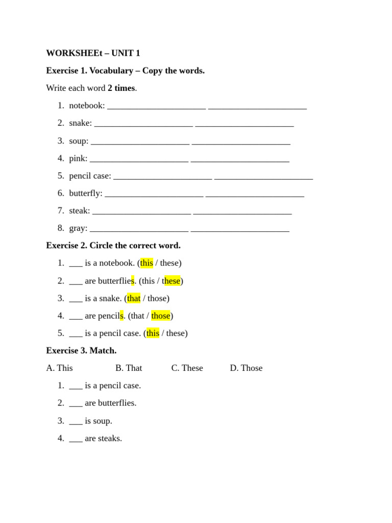 Vocabulary Worksheet for Unit 1 | PDF