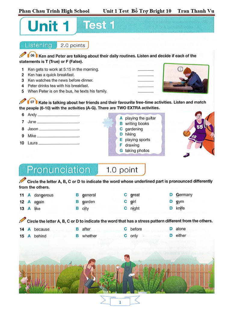 Phan Chau Trinh High School Unit 1 Test | PDF