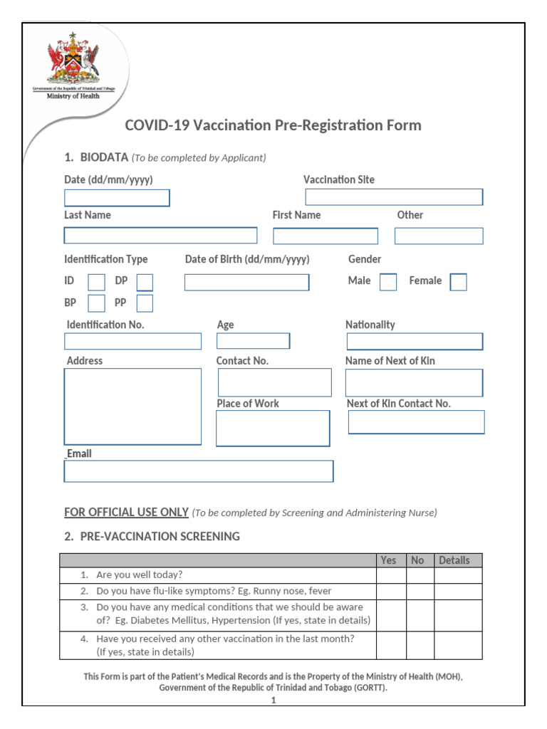 MOH Pre Registration Form 1 | PDF | Allergy | Vaccination