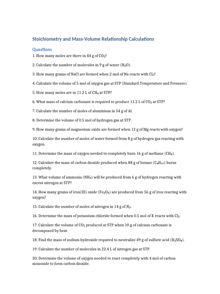 Stoichiometry Mass-Volume Calculations | PDF
