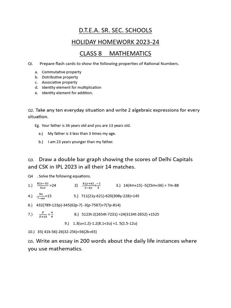 Class 8 Math Holiday Homework 2023-24 | PDF