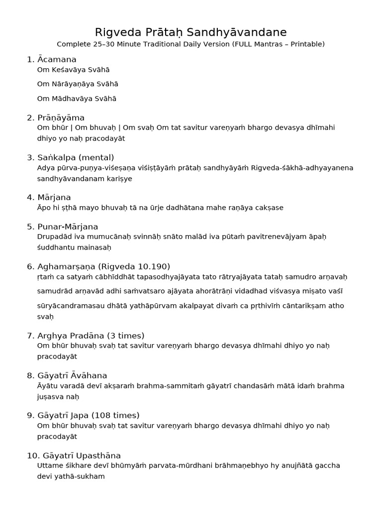 Rigveda Pratah Sandhyavandane COMPLETE 25-30min Printable | PDF