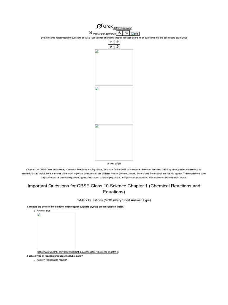 CBSE Class 10 Chemistry - Important Questions - Grok | PDF | Redox ...