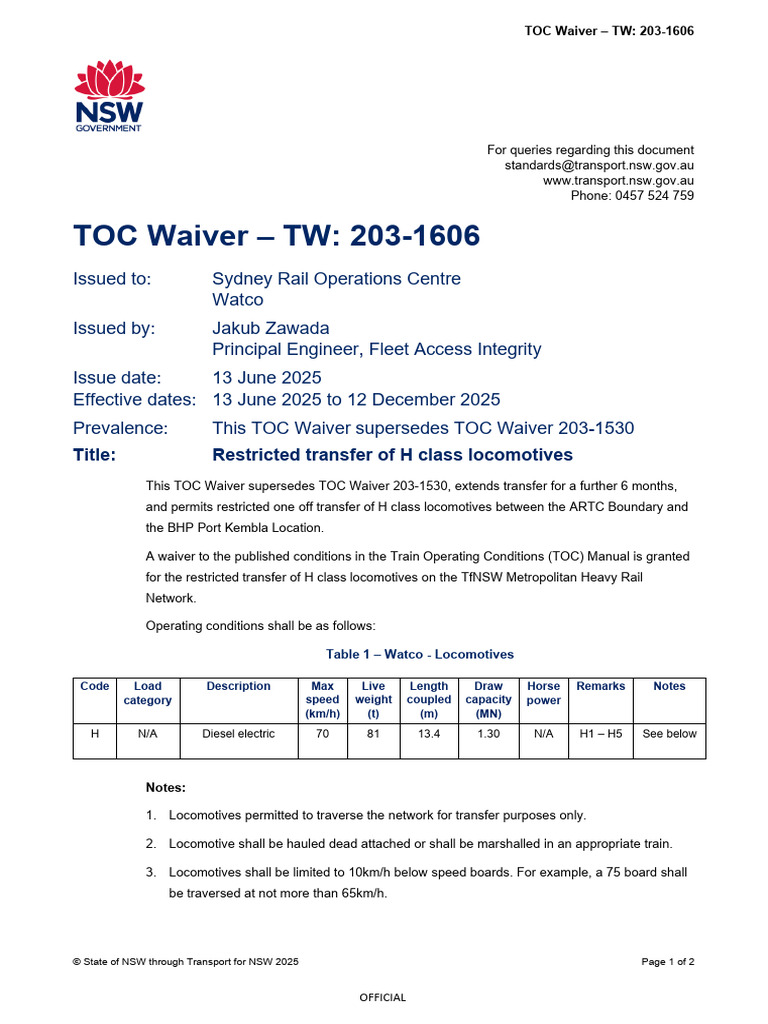 H Class Locomotive Transfer Waiver | PDF | Locomotives | Rail Transport