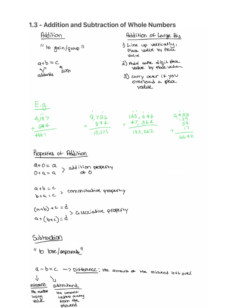1.3 - Addition and Subtraction of Whole Numbers | PDF