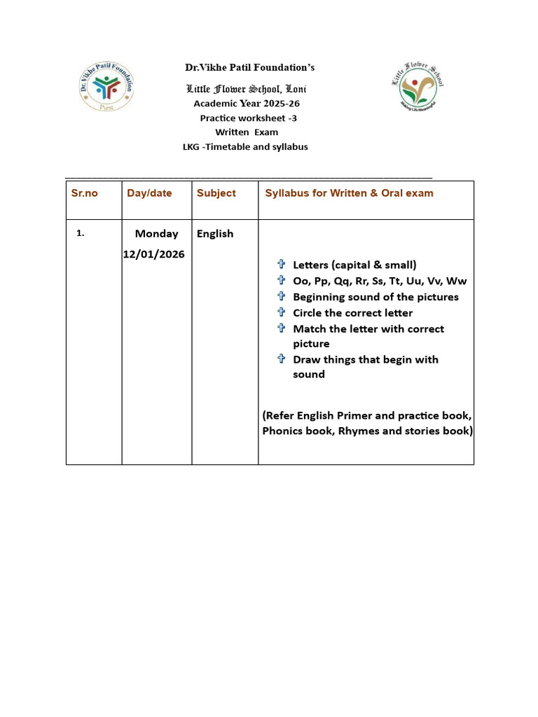 Lkg Time Table and Syllabus PT---3 | PDF