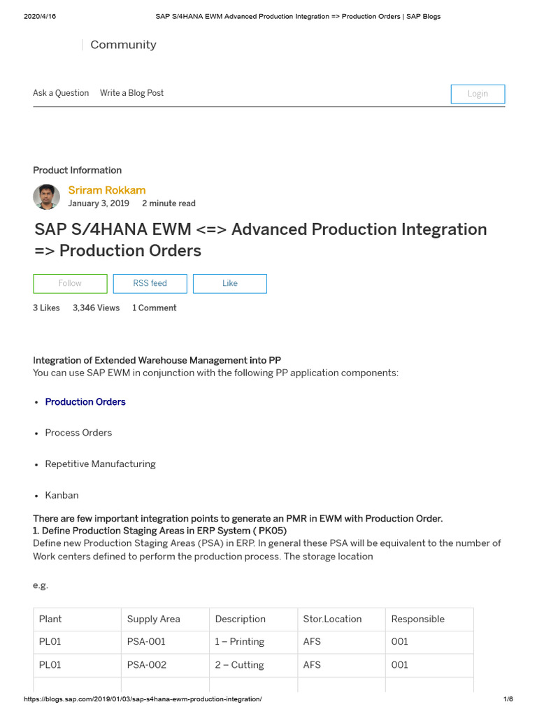 SAP S - 4HANA EWM Advanced Production Integration - Production Orders ...