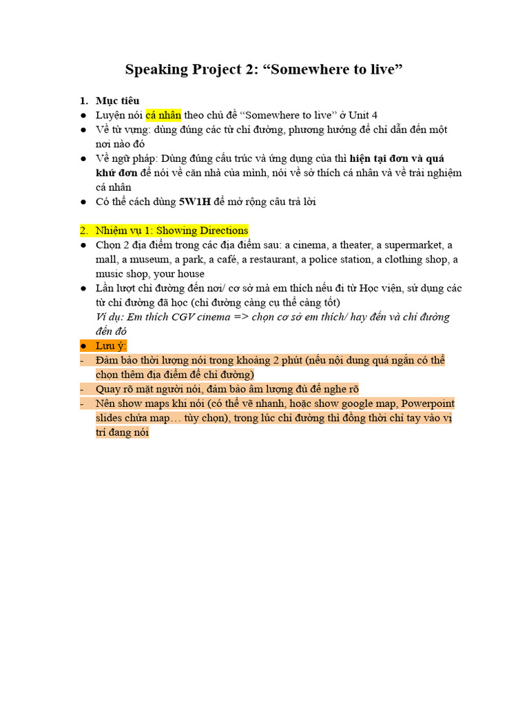 (VYA) English 1 - Speaking Project 2 (Unit 4) | PDF