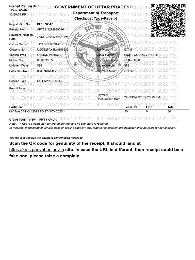 UP Checkpost Tax e-Receipt DL1LZ6347 | PDF | Payments