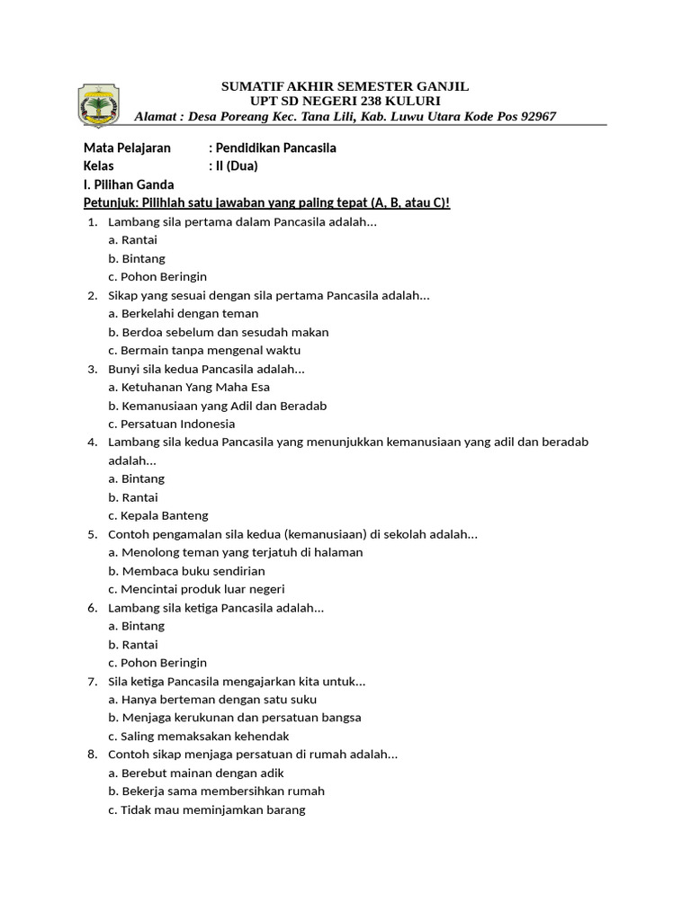 Ujian Pancasila Kelas II SD 238 Kuluri | PDF