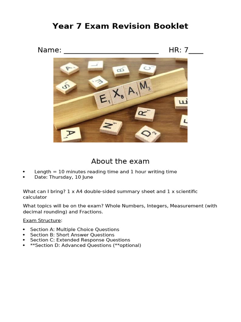 Year 7 Maths Exam Revision Guide | PDF | Integer | Cakes