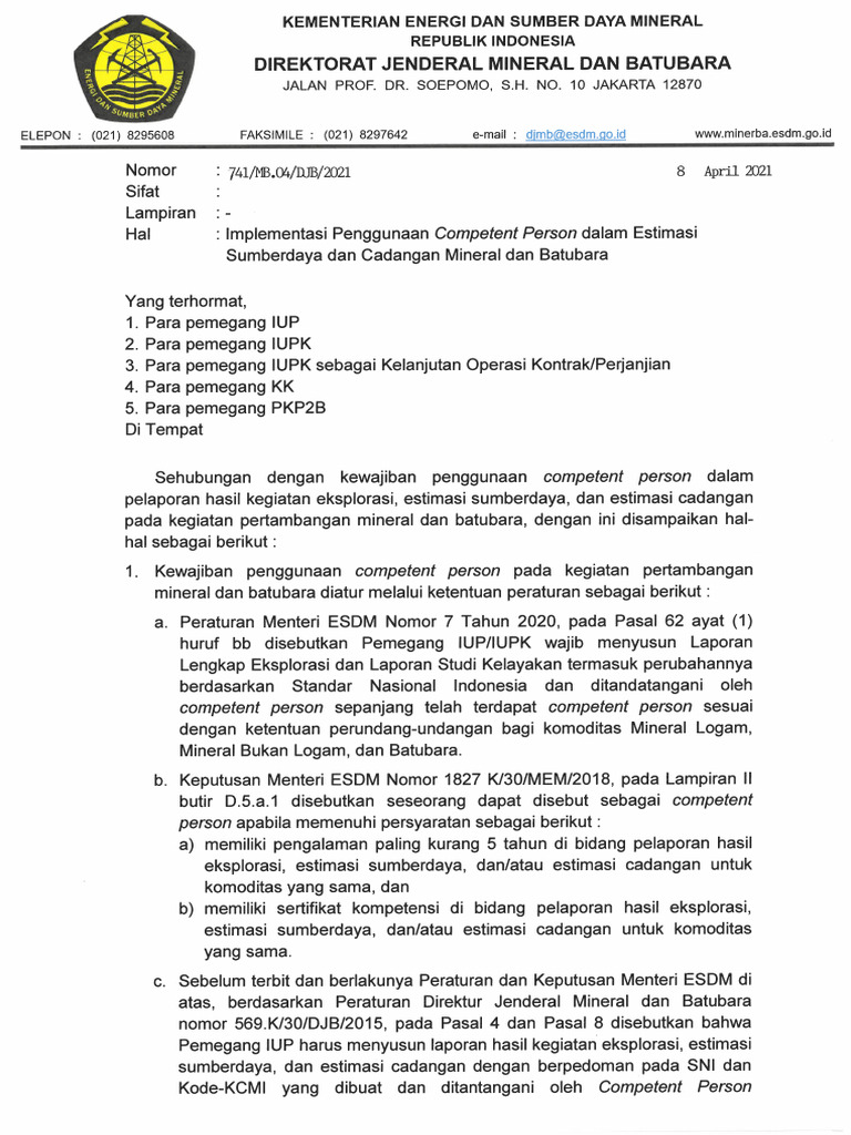 Surat Edaran 741_Implementasi CP IUP_IUPK_KK | PDF