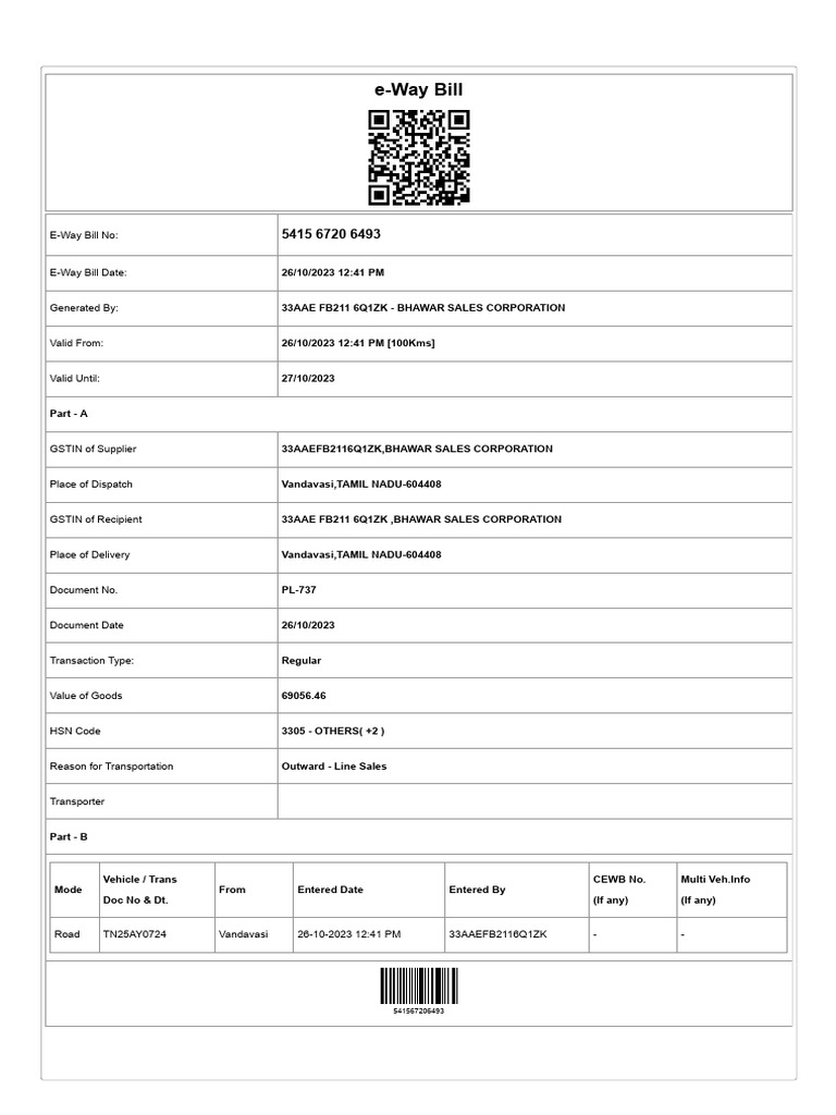 E-Way Bill for Bhawar Sales Corp | PDF