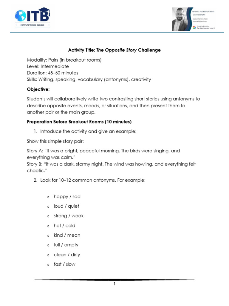 Opposite Story Challenge Activity Guide | PDF