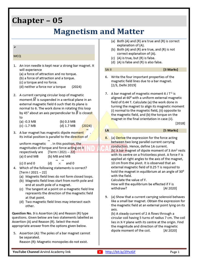 Chap 5 Questions Magnetism and Matter PDF | PDF