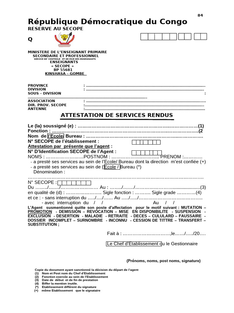 Attestation de services enseignants RDC | PDF