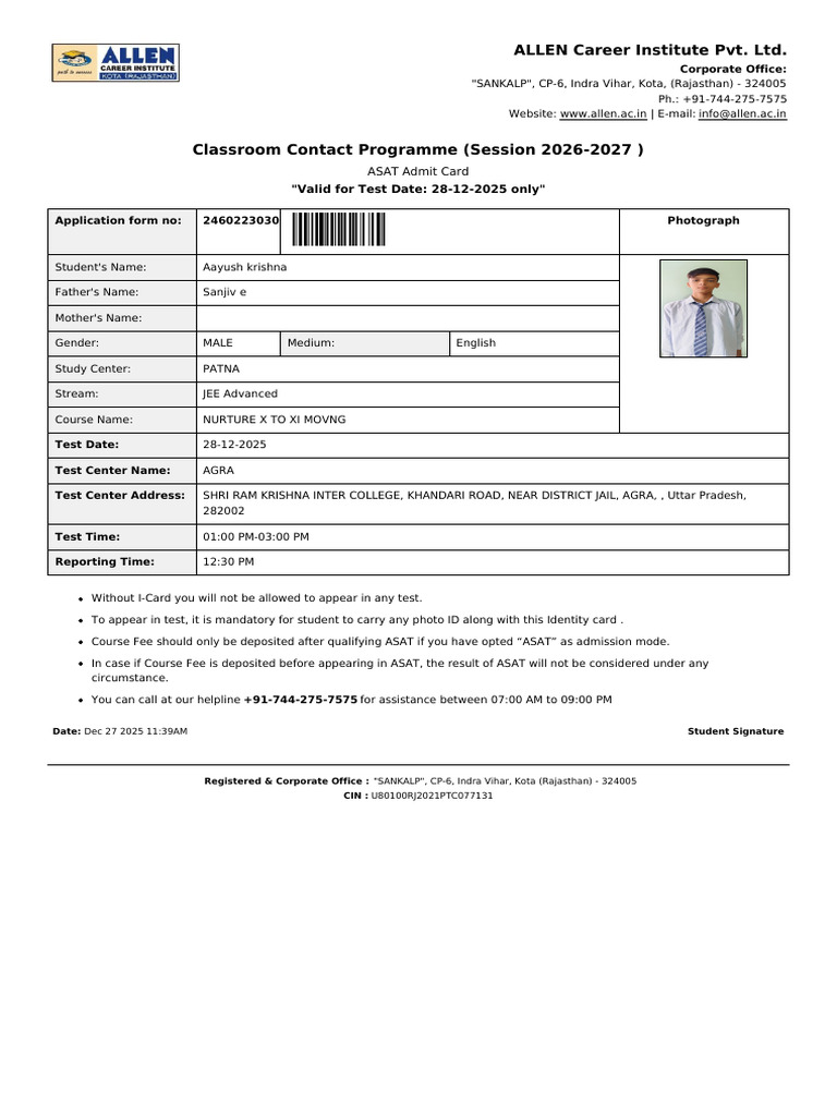 ASAT Admit Card for JEE Advanced 2026 | PDF | Government And Personhood ...