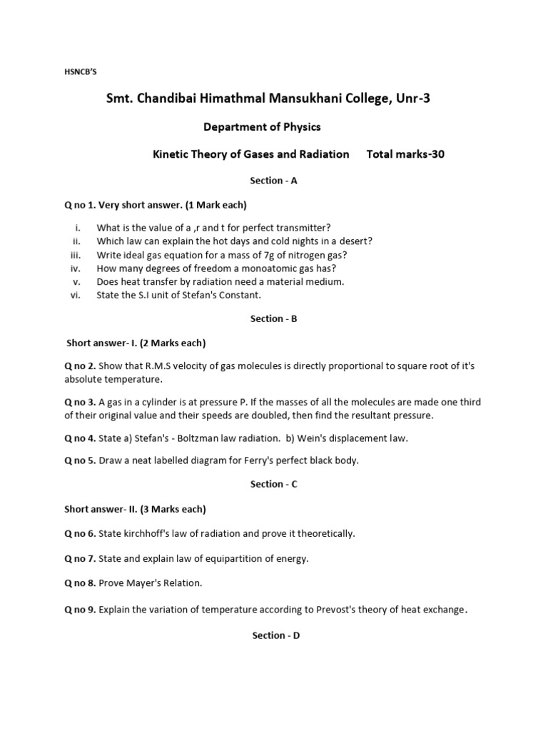 Kinetic Theory of Gases Exam Questions | PDF