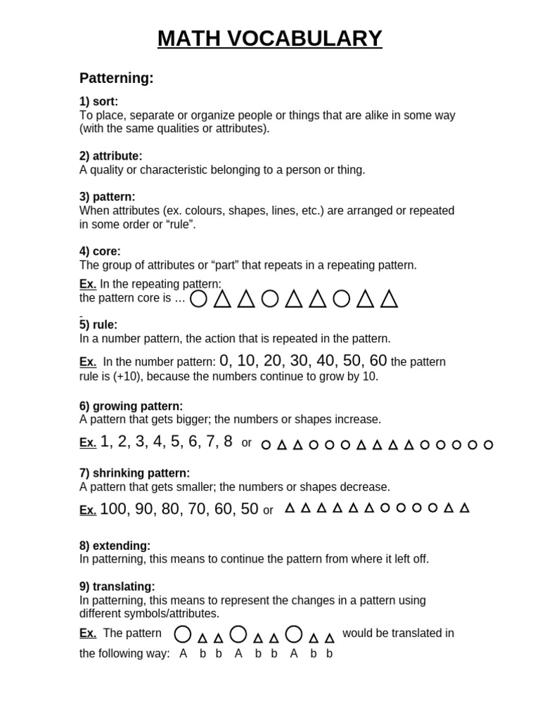Math Vocabulary Patterning and Algebra | PDF