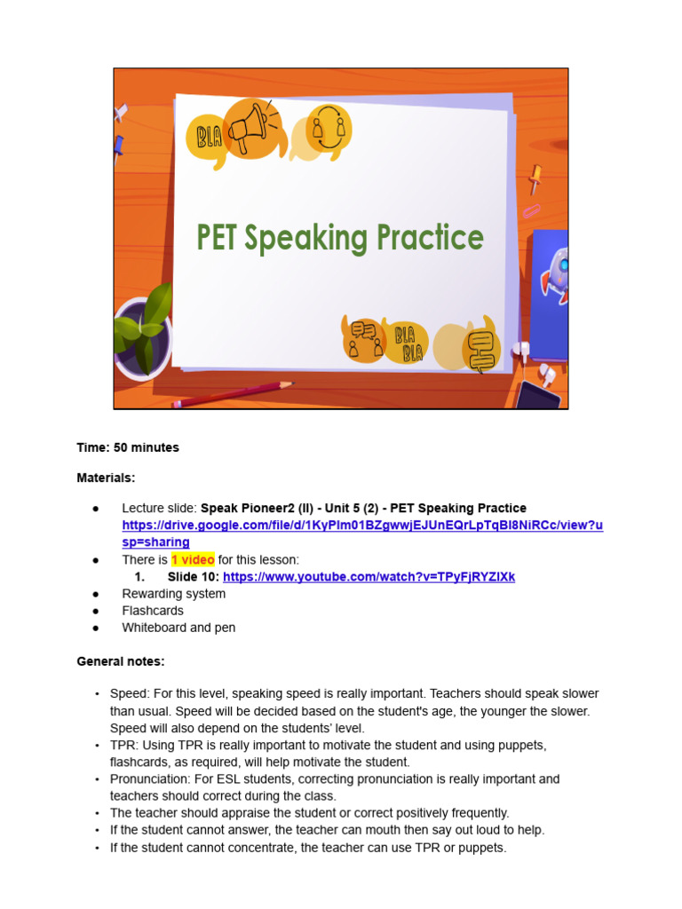 PET Speaking Practice Guide for ESL | PDF | Sports