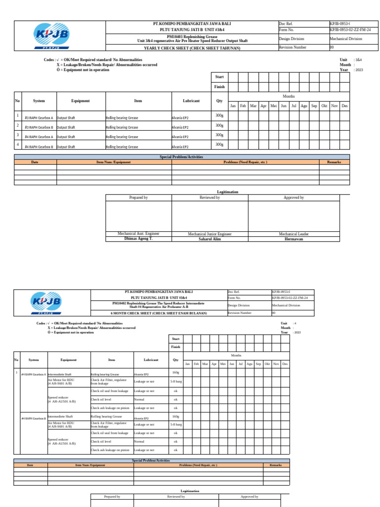 Yearly & 6-Month Check Sheets 2023 | PDF | Mechanical Engineering ...