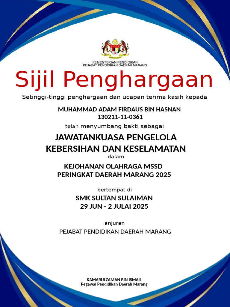 Sijil Penghargaan Ajk Pengelola Olahraga MSSD 2025 | PDF