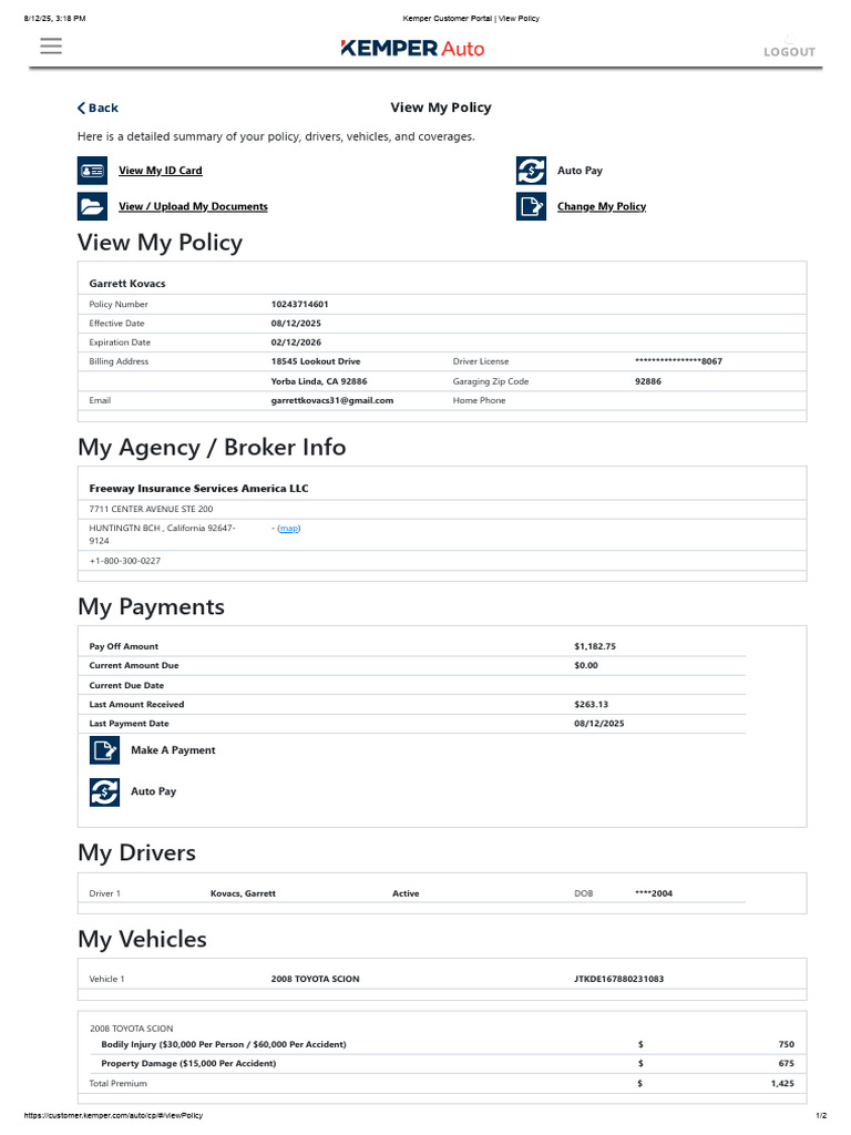 Auto Insurance Policy Summary for Garrett | PDF | Insurance