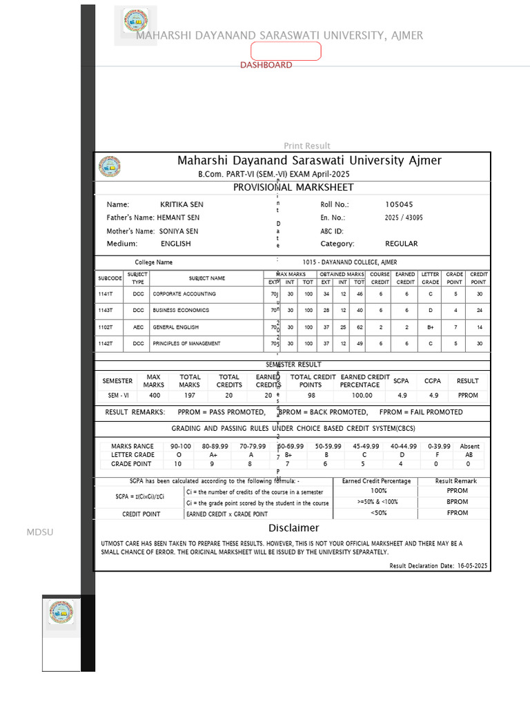 MDSU B.Com VI Sem Provisional Marksheet | PDF | Educational Assessment ...