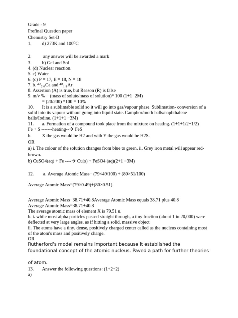 G-9 Chem Prefinal Set-B (Answer Key) | PDF
