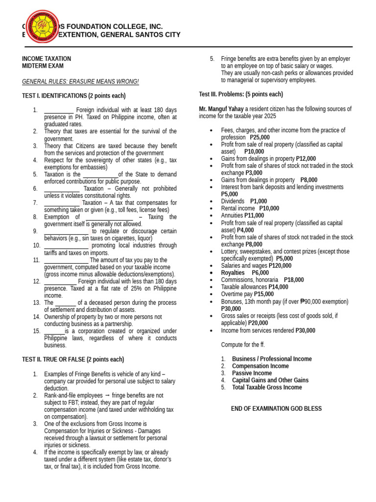 Income Taxation Midterm Exam Guide | PDF | Taxes | Gross Income