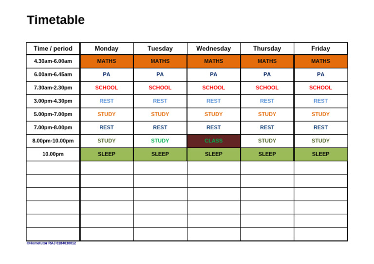 Weekly Study and Rest Timetable | PDF