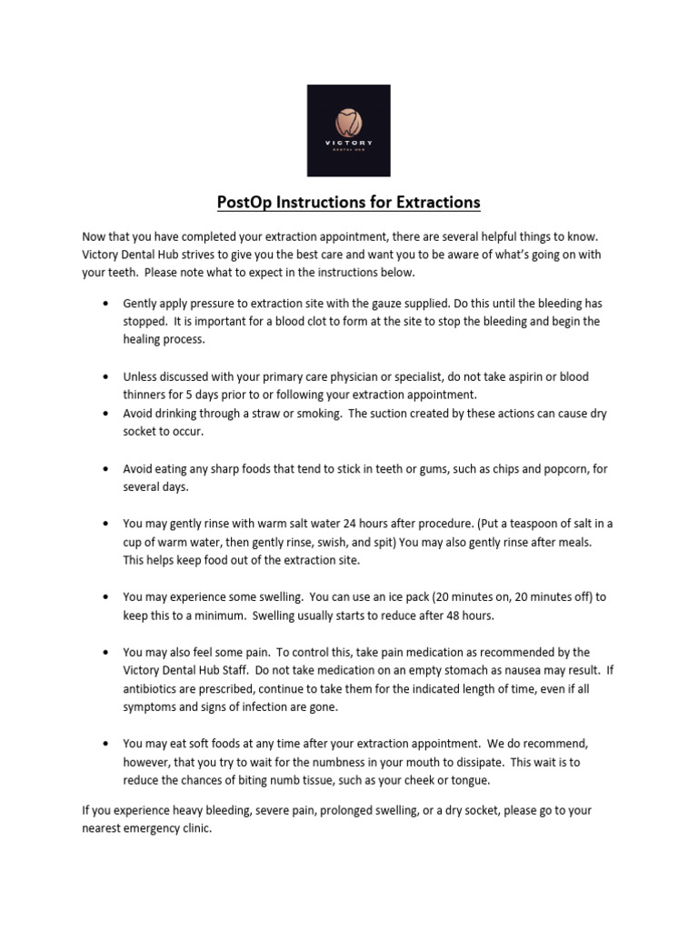 Post Op Instructions For Extractions Victory Dental Hub | PDF