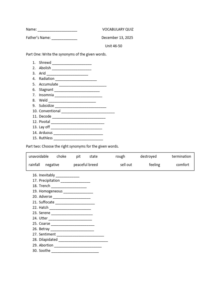 Vocabulary Quiz for Units 46-50 | PDF