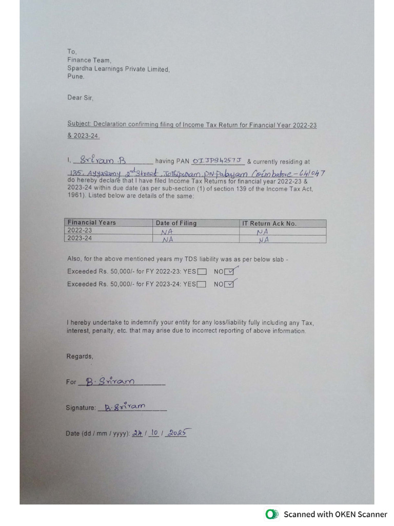 Income Tax Return Declaration | PDF