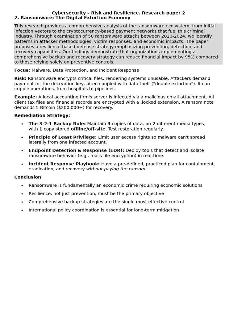 Cybersecurity - Risk and Resilience. Research Paper 2 | PDF