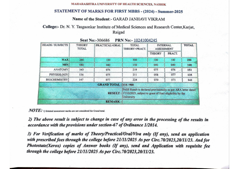 1st Year Marksheet | PDF