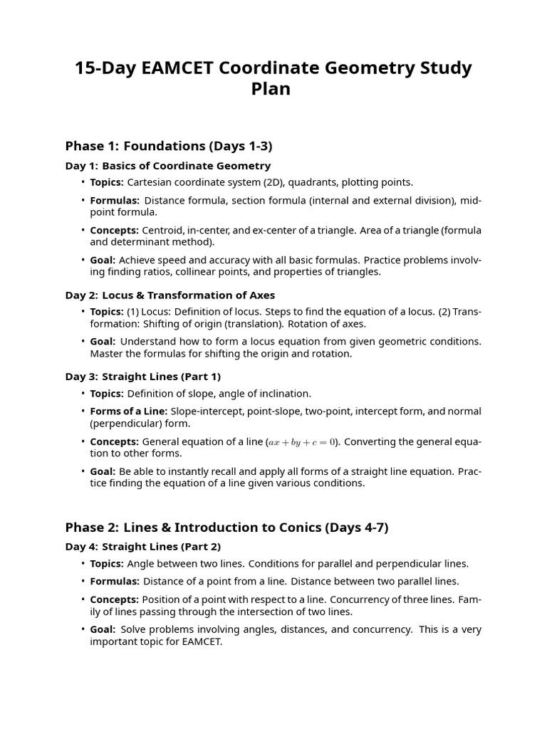 15-Day EAMCET Coordinate Geometry Plan | PDF | Line (Geometry) | Ellipse